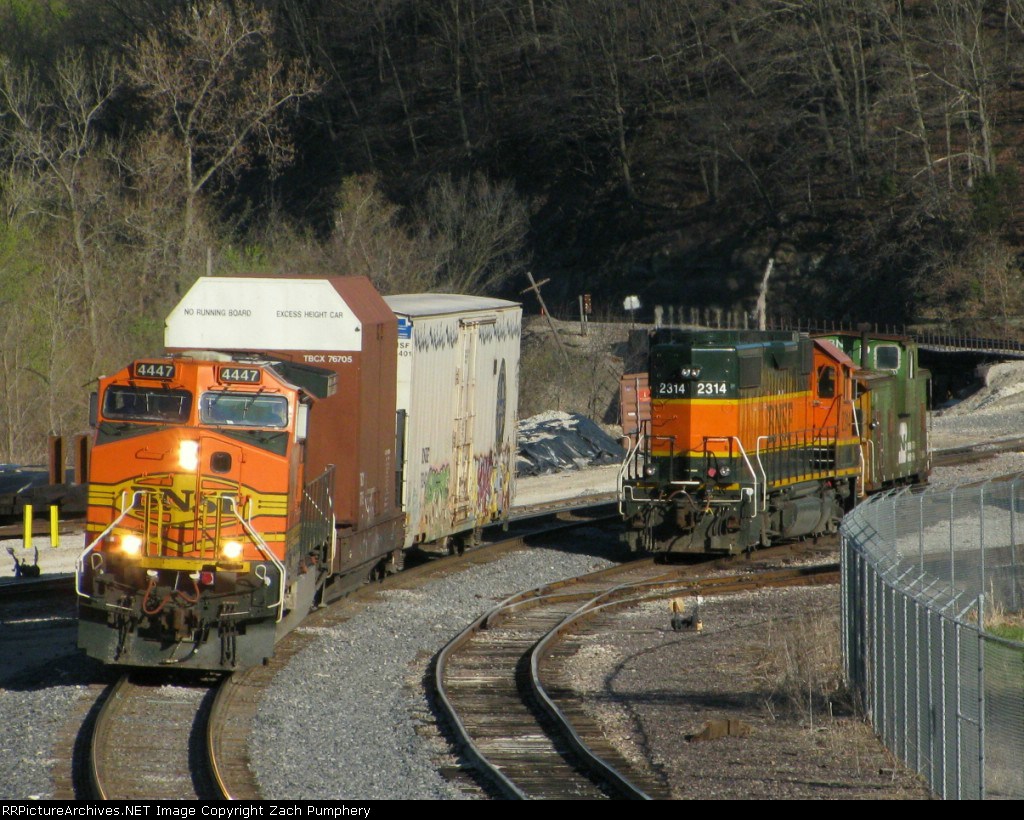 Northbound BNSF High-Wide Special Passing the BNSF Local Locomotive and Caboose